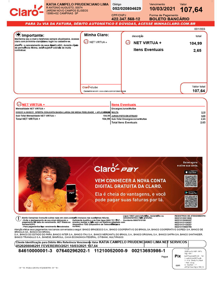 Fatura CLARO | Download grátis PDF | Bancos | Finanças pessoais