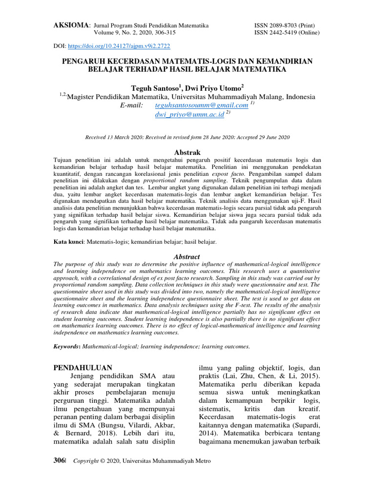 Teguh Santoso1, Dwi Priyo Utomo - Matematis-Logis Kemandirian Belajar ...