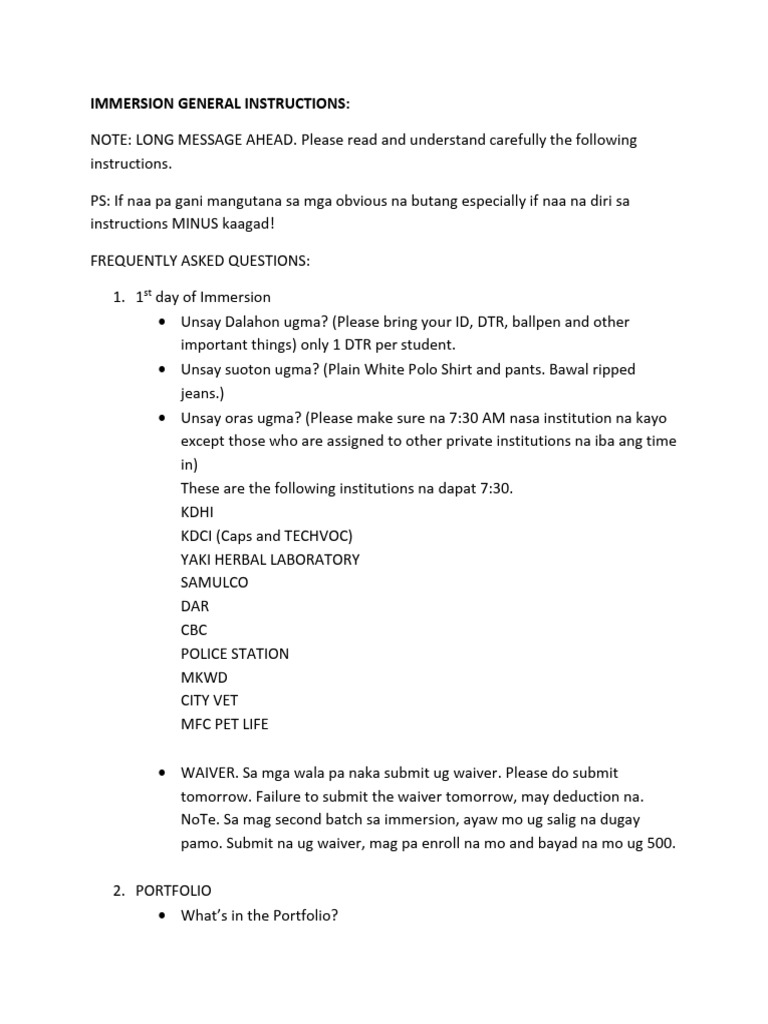 Immersion General Instructions | PDF