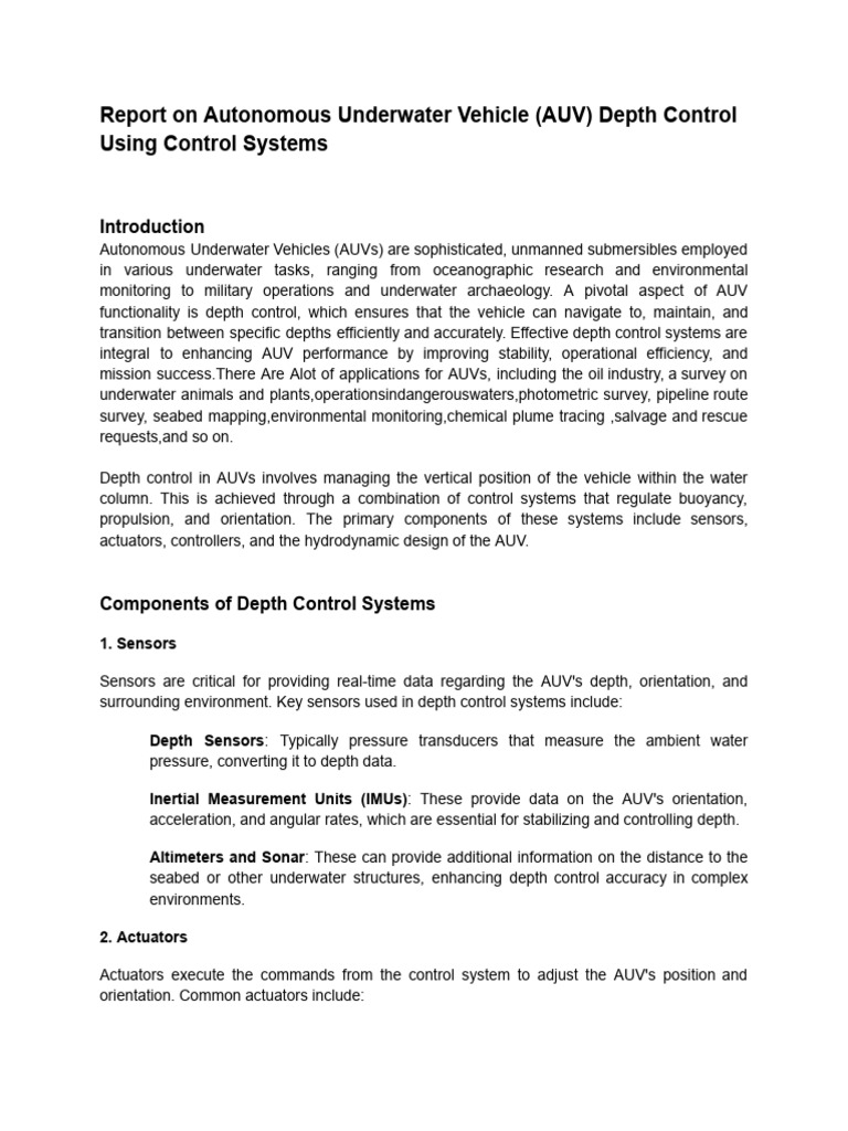Report On Autonomous Underwater Vehicle (AUV) Depth Control Using ... Report On Autonomous Underwater Vehicle (AUV) Depth Control Using ...