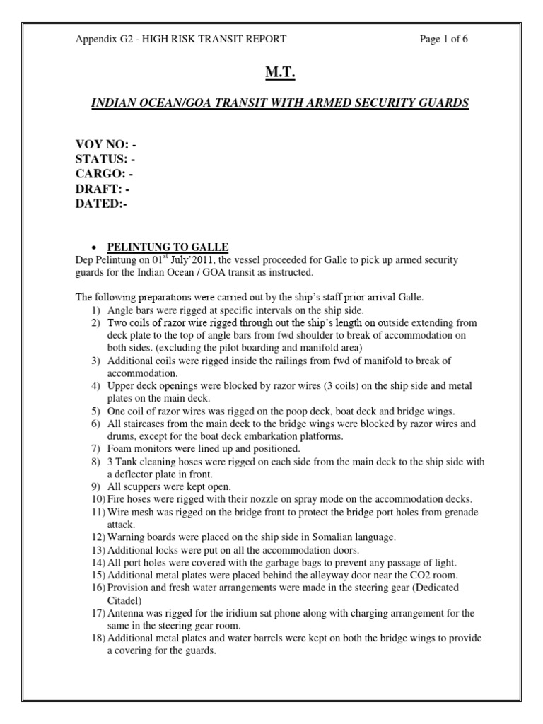 Appendix G2 High Risk Transit Report - Sample | PDF | Piracy | Ships