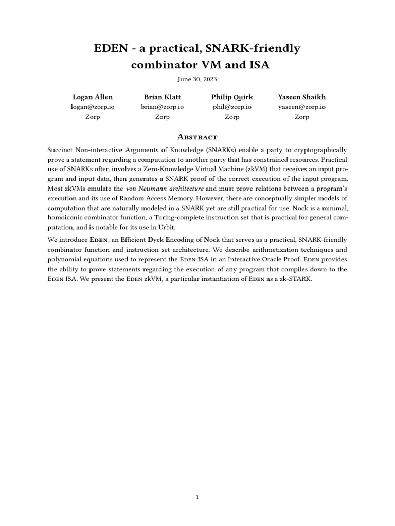EDEN - A Practical, SNARK-friendly Combinator VM and ISA | PDF | Mathematics