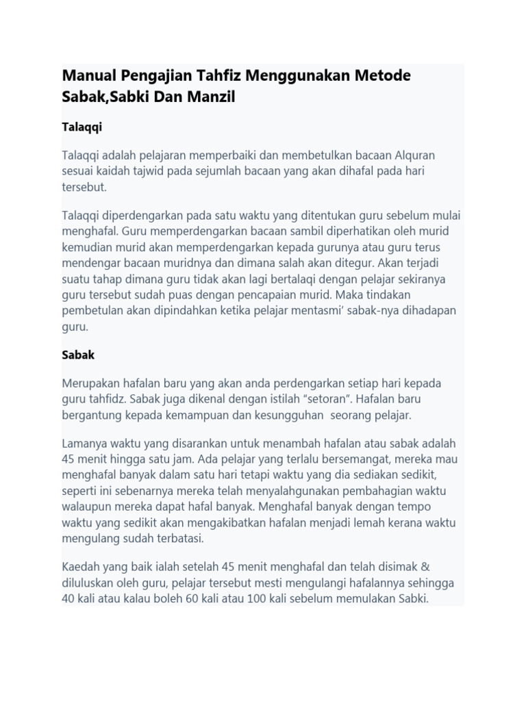 Manual Pengajian Tahfiz Menggunakan Metode Sabak | PDF | Karier & Perkembangan | Gaya Hidup