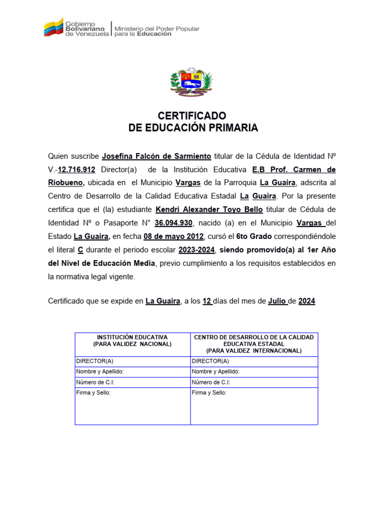 Certificado de Educación Primaria 2024 | PDF