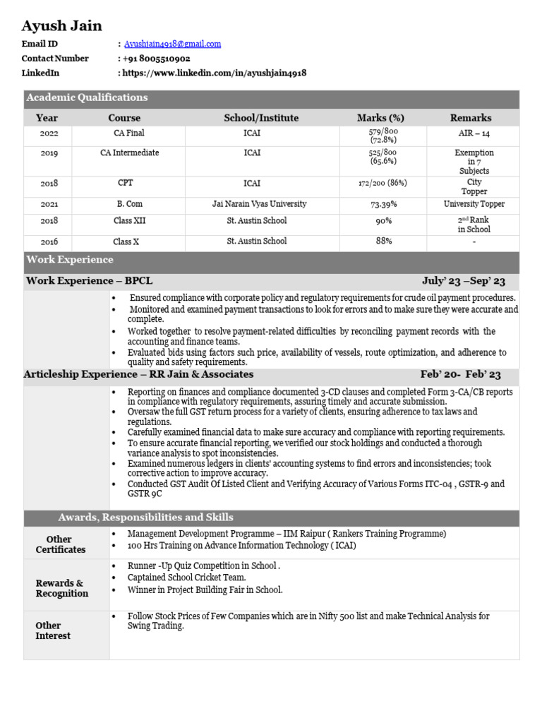 CA (AIR 14) Ayush Jain CV | PDF | Regulatory Compliance | Audit