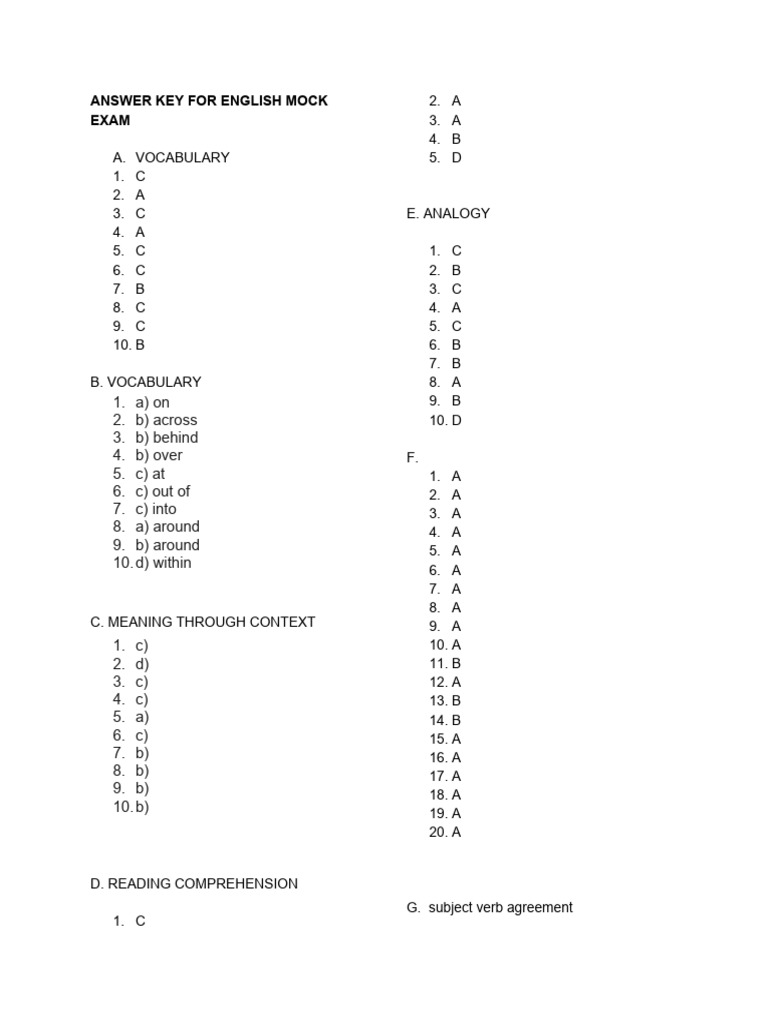 Answer Key For English | PDF