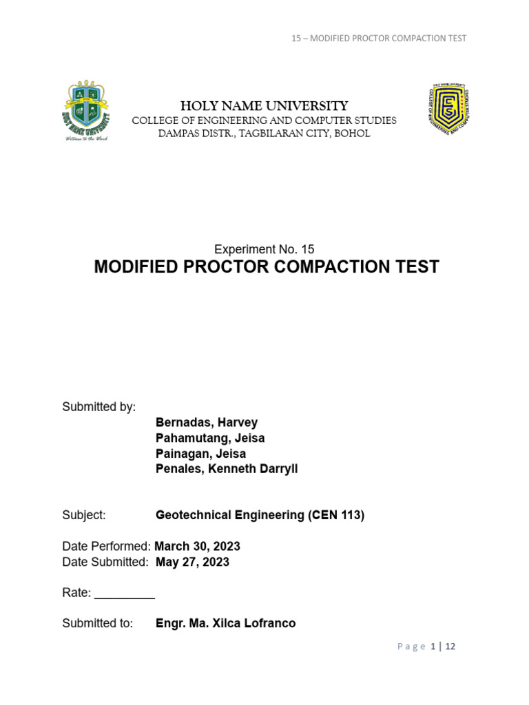 Experiment 15 Modified Proctor Compaction Test | PDF | Horticulture ...
