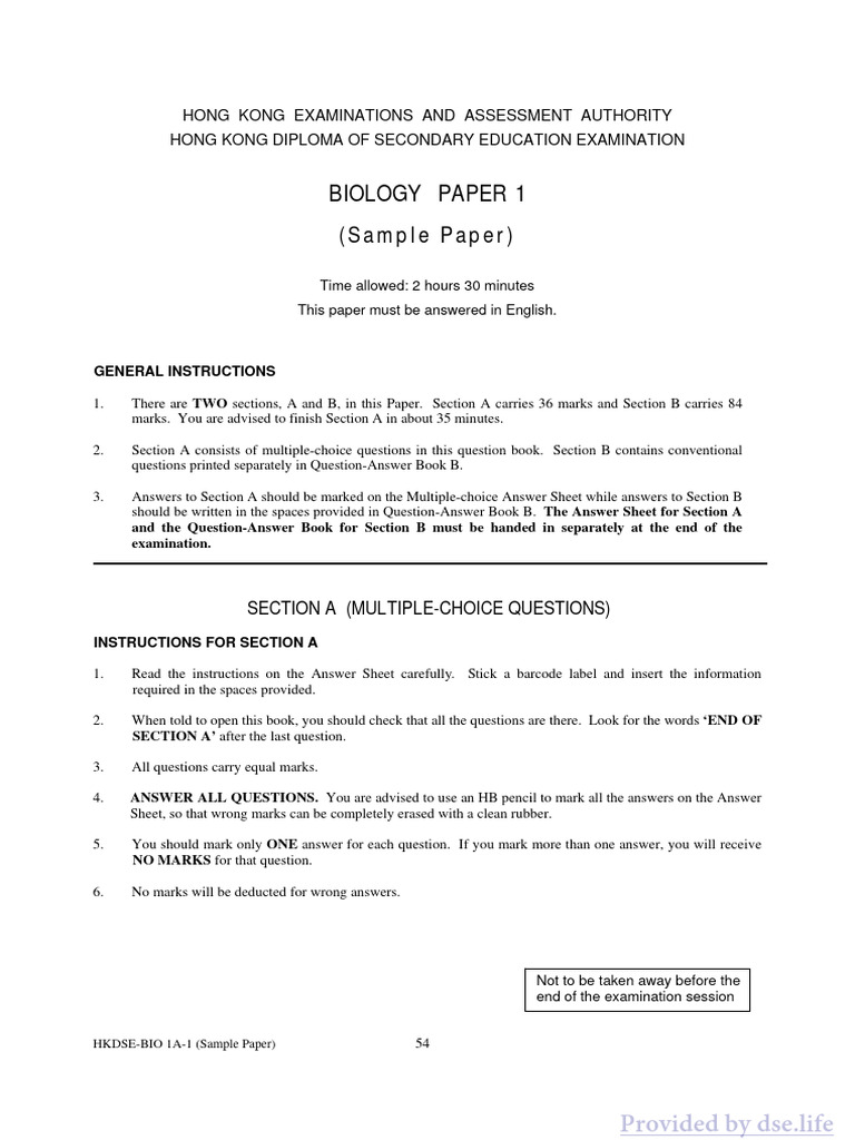 HKDSE Biology Paper 1 Sample Exam | PDF | Biology
