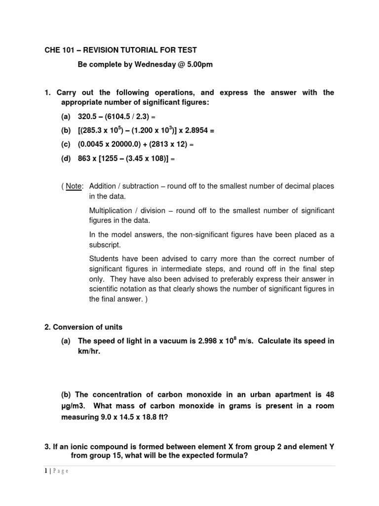 Revision Tutorial CHE 101 - Oct 5 | PDF | Significant Figures | Acid