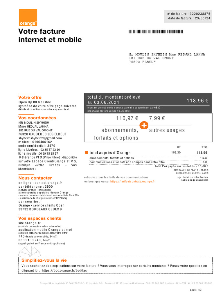 Facture Internet et Mobile Orange | PDF | Messagerie par texto ...