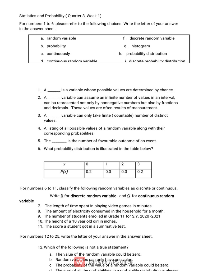 Summative Stat & Prob Q3, W1 | PDF | Probability Distribution | Random Variable