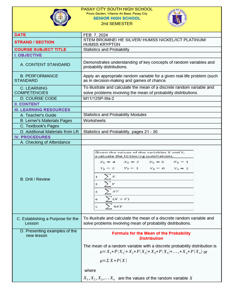 LP 3 Mean of Probability Distribution F | PDF | Mean | Random Variable