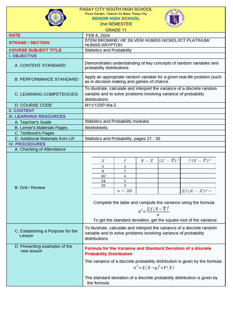 LP 4 Computing The Variance of A Discrete Prob. Dist. | PDF | Variance ...