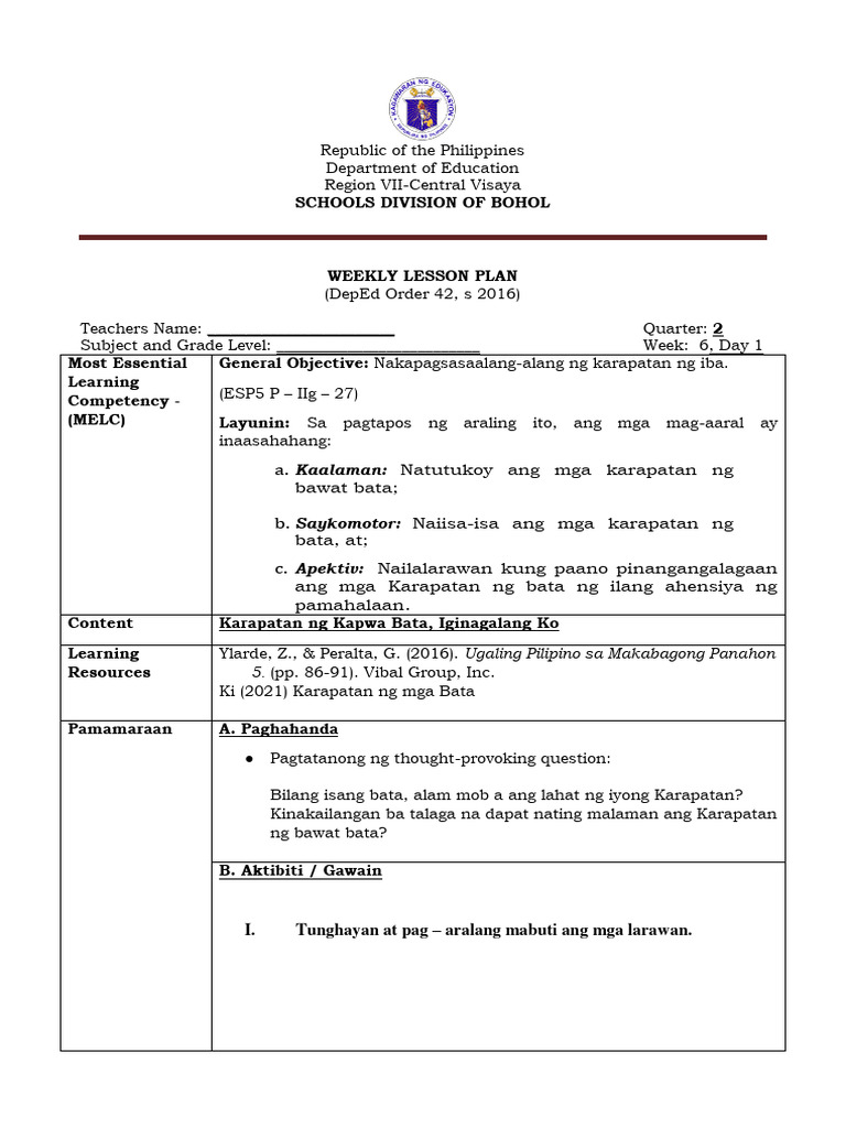 Bohol ESP5 Q2 PLP6 D1-4 v.01 | PDF
