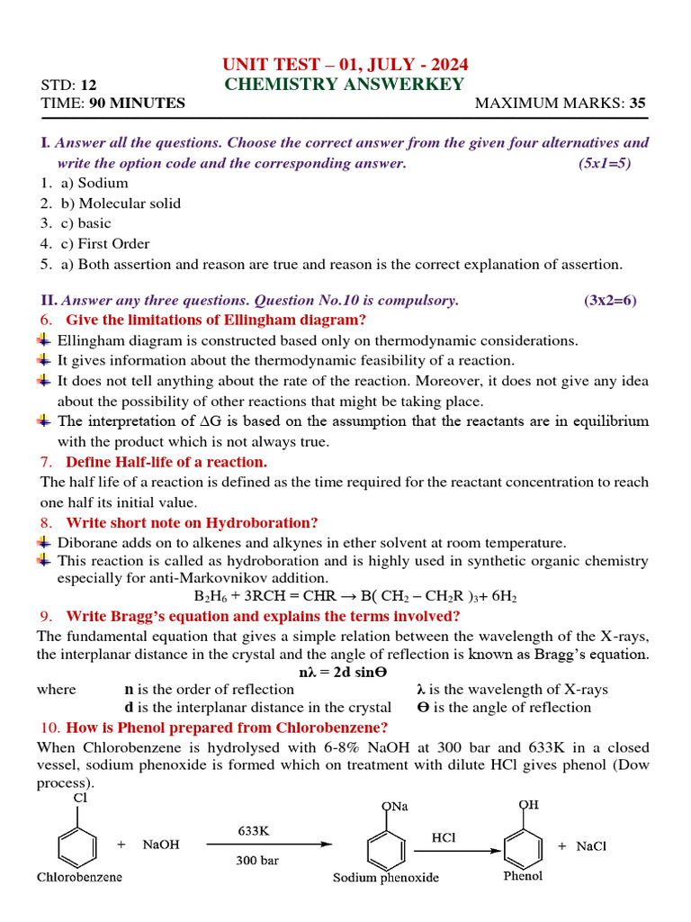 Xii_chemistry Unit Test 2024_answerkey | PDF | Zinc | Chemical Reactions