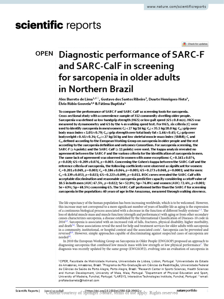 Diagnostic Performance of SARC-F and SARC-CalF in | PDF | Epidemiology | Medical Specialties