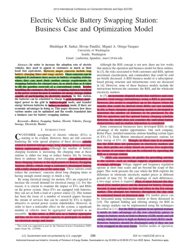 Electric Vehicle Battery Swapping Station Business Case And Optimization Model Pdf Electric