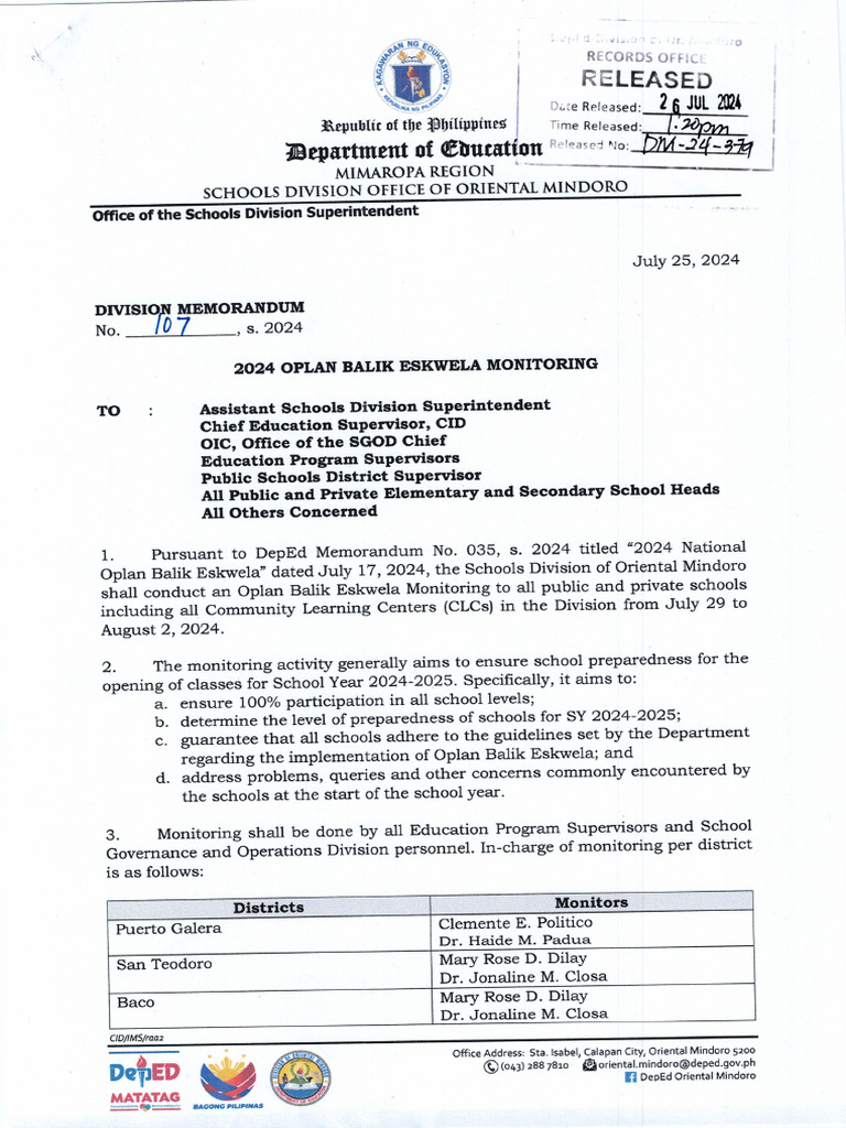 Oplan-Balik-Eskwela-Monitoring | PDF