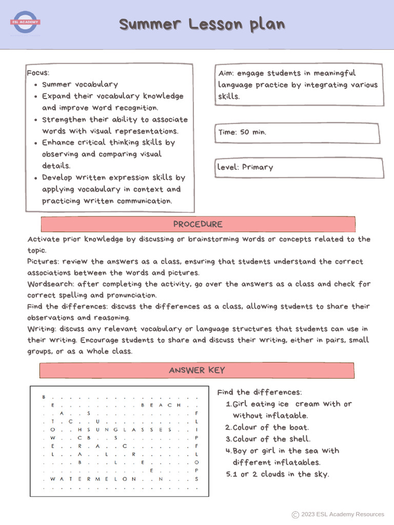 Summer Lesson Plan Summer Lesson Plan: Procedure | PDF | English As A ...