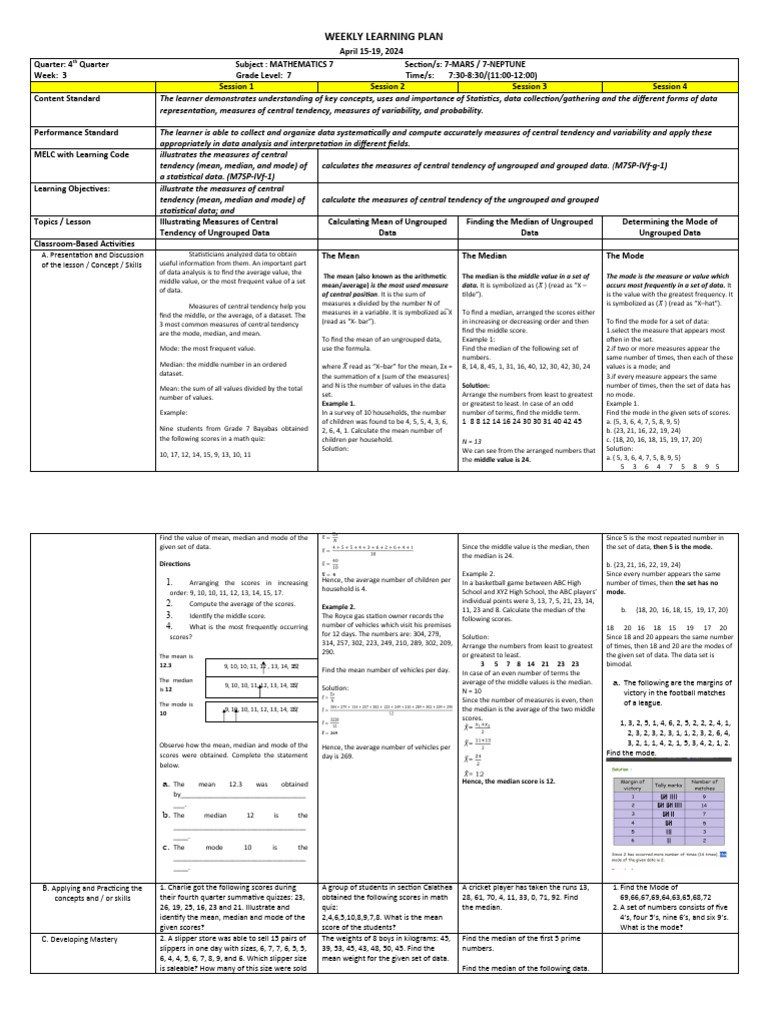 WHLP Math 7 | PDF | Mode (Statistics) | Mean