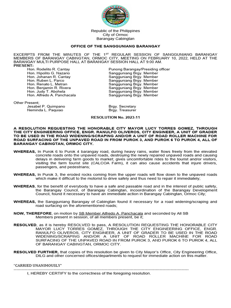 Resolution 11 - Requesting For Road Surfacing | PDF | Land Transport ...