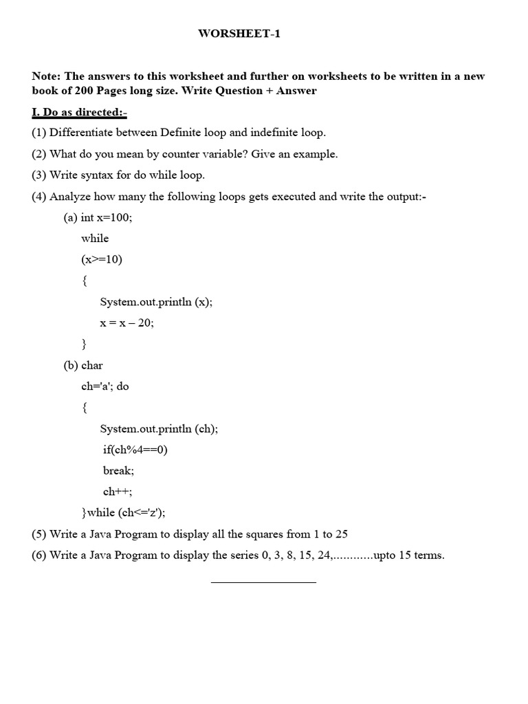 Worksheet 1 Loops | PDF