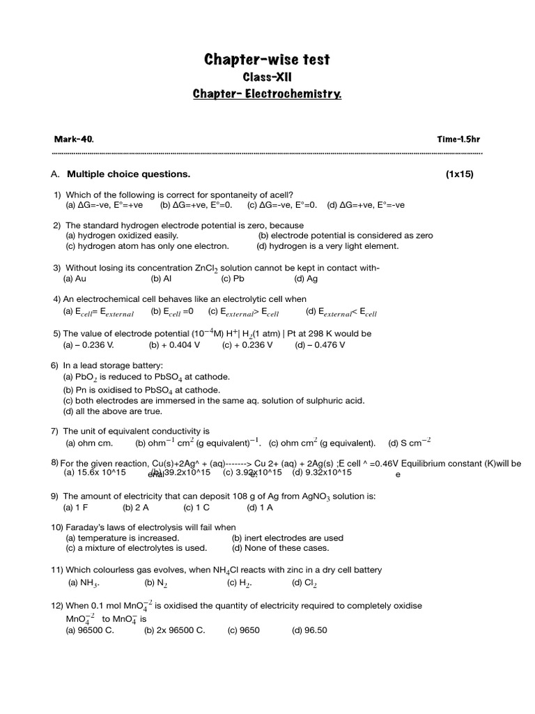 Chapter-Wise Test: Class-XII Chapter-Electrochemistry | PDF ...