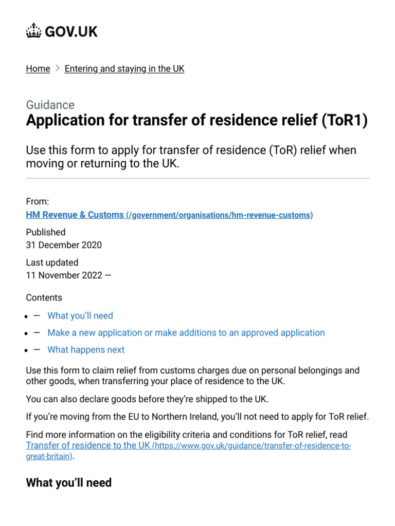 Application For Transfer of Residence Relief (ToR1) - GOV - UK | PDF ...