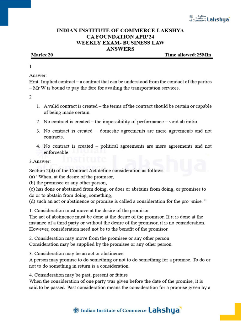 CA Foundation Business Law Exam Answers | PDF | Consideration ...