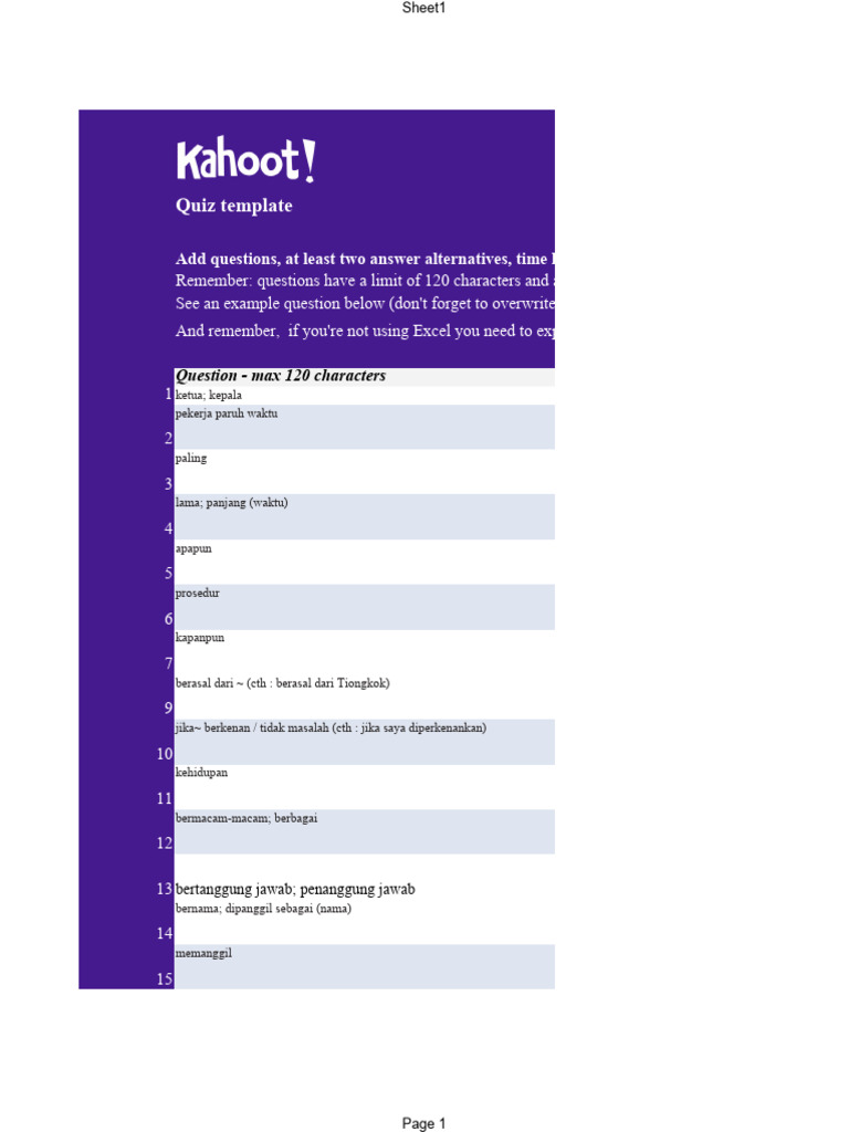 Kahoot Quiz Spreadsheet Template | PDF