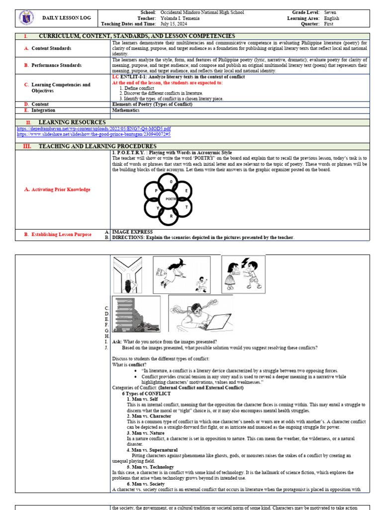 Grade 7 English Lesson Plan: Conflict Types | PDF