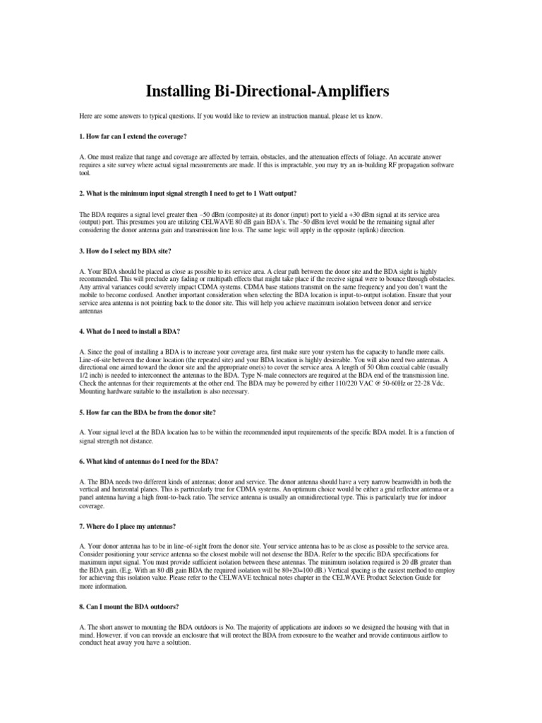 BDA Installation FAQs and Guidelines | PDF | Antenna (Radio) | Amplifier