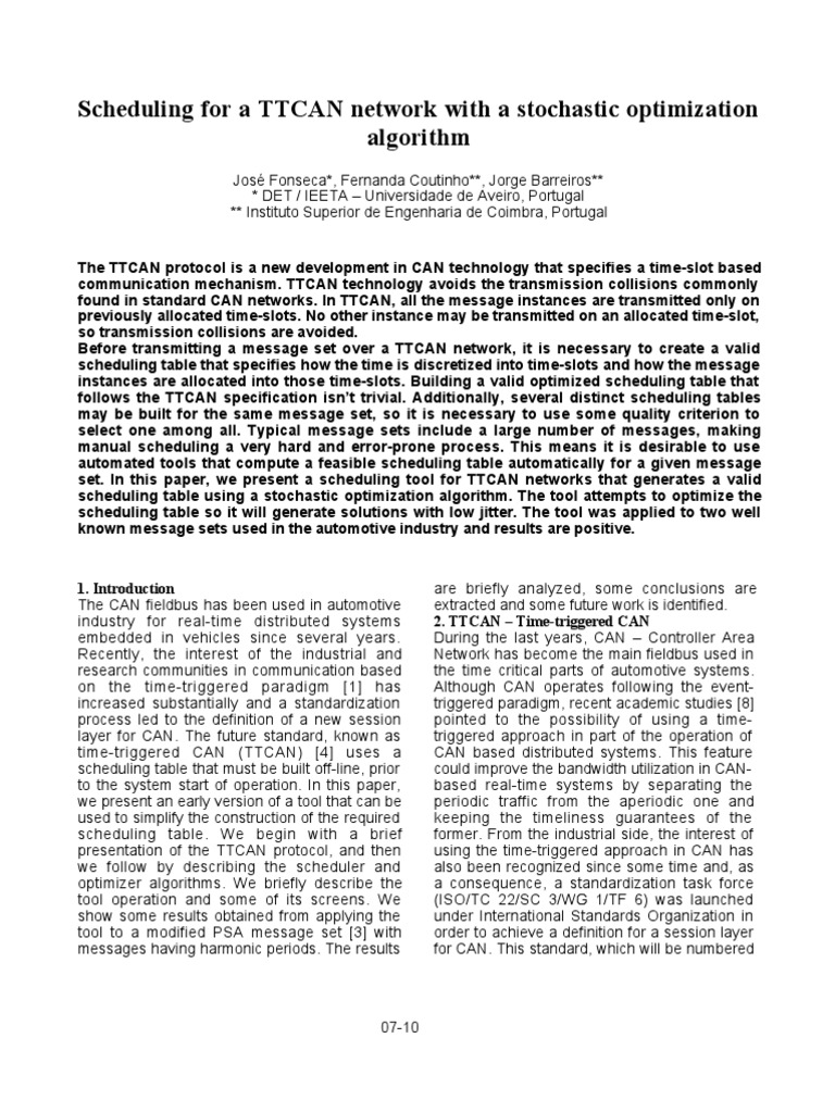 Scheduling For A TTCAN Network With A Stochastic Optimization Algorithm ...