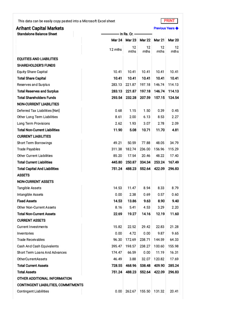 Arihant Capital Balance Sheet Overview | PDF | Investing | Balance Sheet