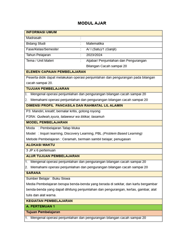 LK 5 Modul Ajar - Penjumlahan Dan Pengurangan | PDF