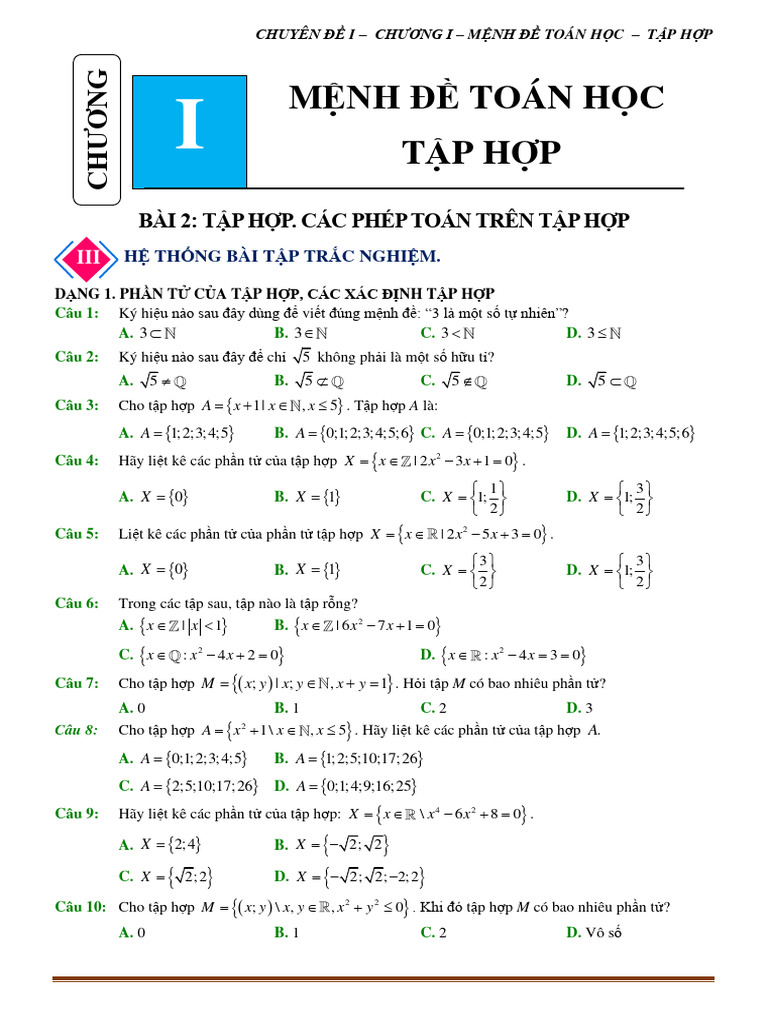 001.02.2 - Toan 10 - B2 - C1 - Tap Hop Cac Phep Toan Tren Tap Hop - Trac Nghiem - de - TR50 | PDF