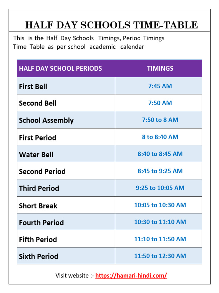 Halfday Schools Time-Table 2024 - Hamari Hindi | PDF