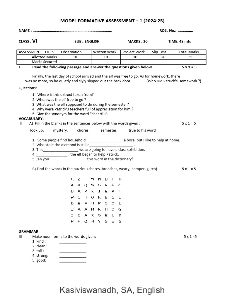 Formative Assessment English Class VI-IX | PDF | Linguistics | Languages
