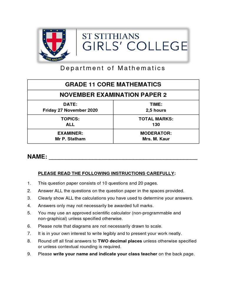Saints 2020 Maths Paper 2 Past Paper | PDF | Skewness | Circle