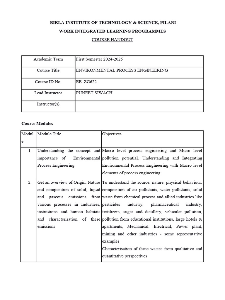Environmental Process Engineering Course | PDF | Air Pollution ...