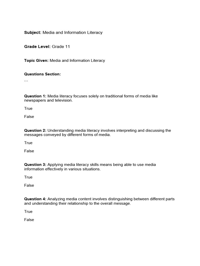 Media Literacy Quiz for Grade 11 | PDF | Mass Media | Information
