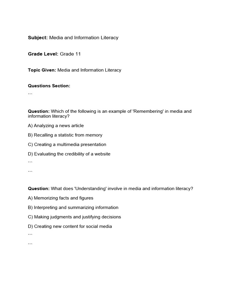 Quiz - Media and Information Literacy | PDF | Information Literacy ...