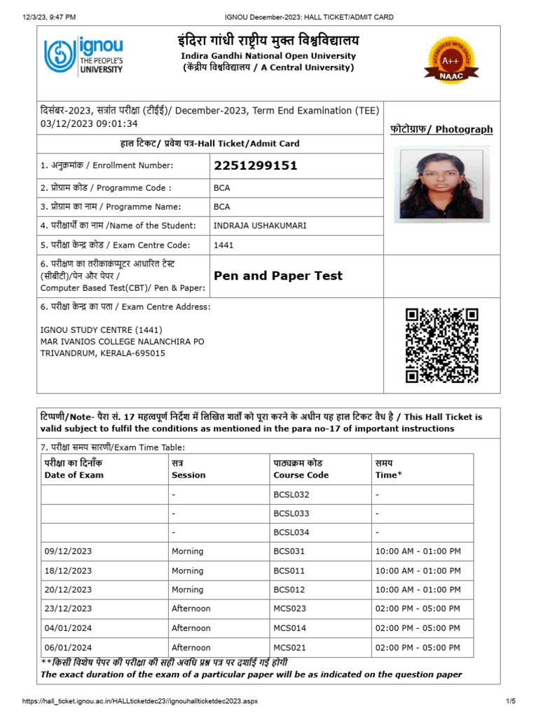 Ignou December-2023_ Hall Ticket_admit Card | PDF