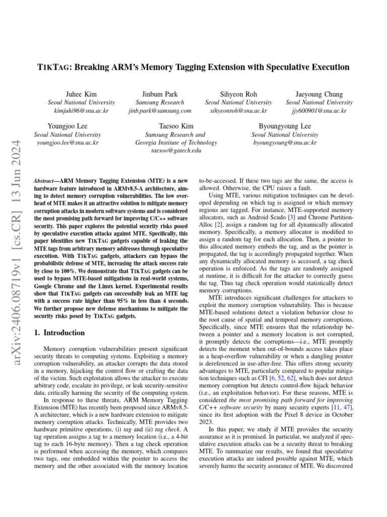 TIK TAG - Breaking ARM's Memory Tagging Extension With Speculative Execution | PDF | Cpu Cache ...