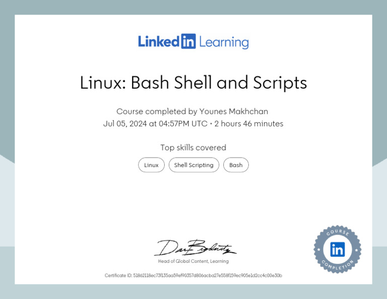 CertificateOfCompletion - Linux Bash Shell and Scripts | PDF | Computers