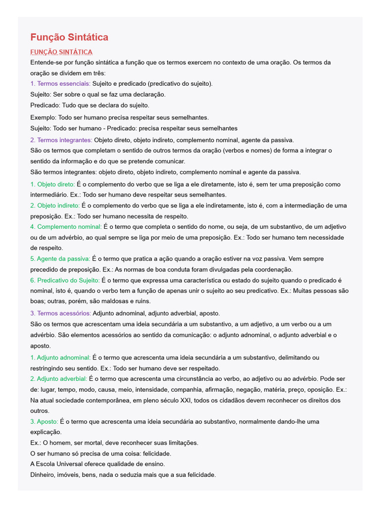Função Sintática | PDF | Assunto (gramática) | Objeto (gramática)