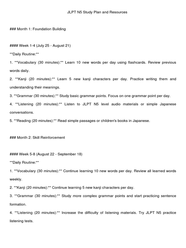 JLPT N5 Study Plan and Resources | PDF | Learning | Human Communication