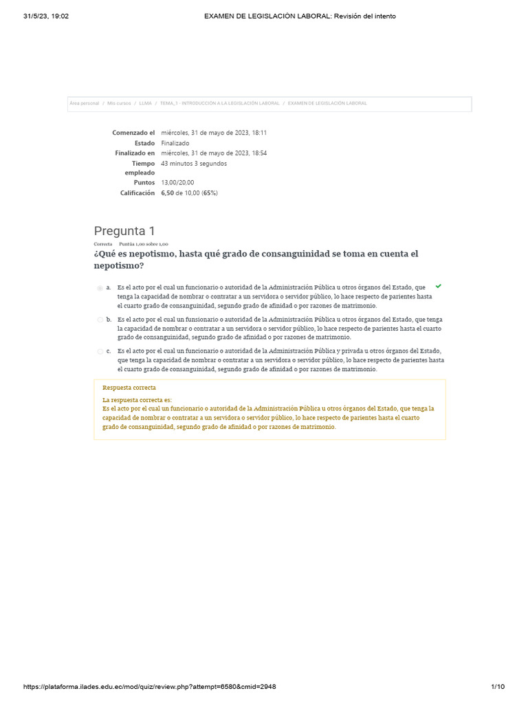 EXAMEN DE LEGISLACIÓN LABORAL - Revisión Del Intento | PDF | Derecho ...