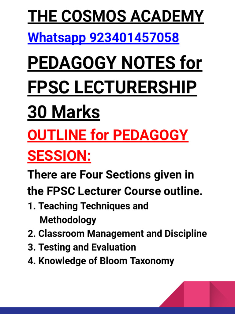 FPSC Lecturership-Headmaster-Headmistress 30 Marks Notes by the COSMOS ...