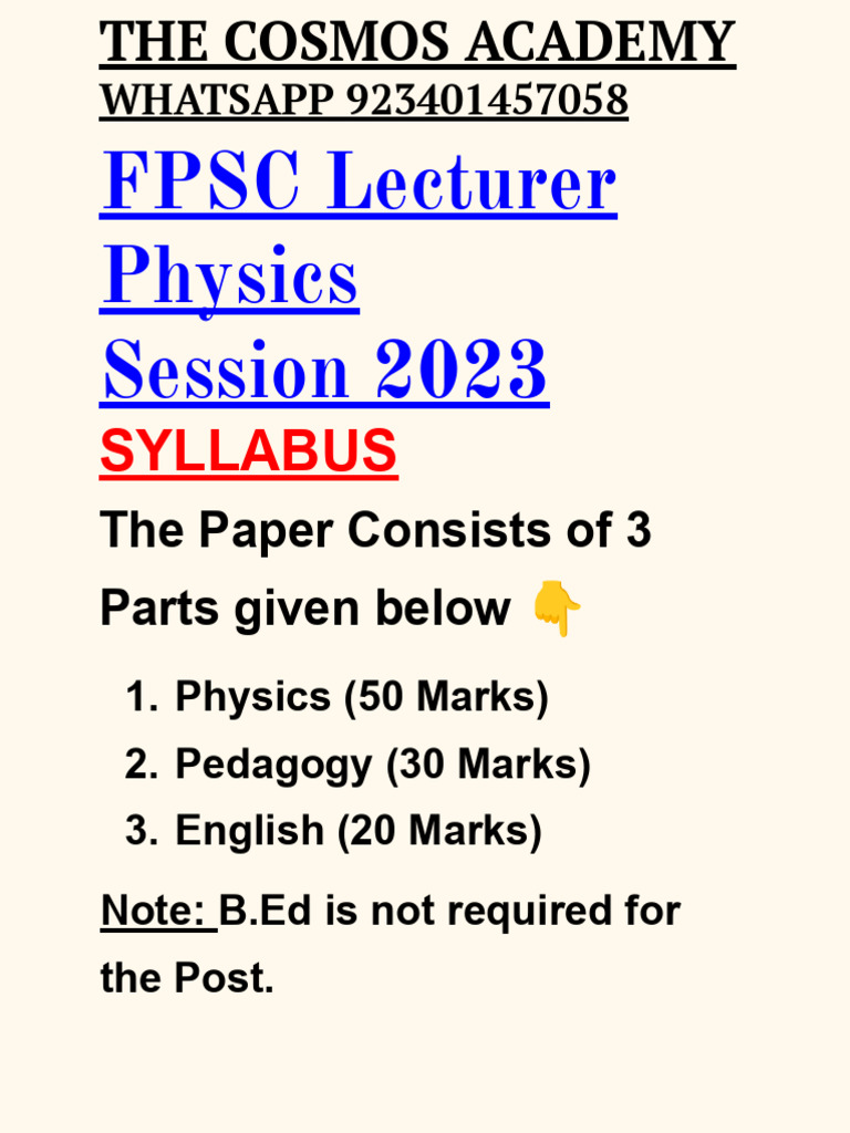 FPSC Lecturer Physics 2023 Session by The Cosmos Academy 923401457058 | PDF